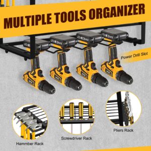 QYQRQF Power Tool Organizer Wall Mount, Heavy Duty 3 Layers Tool Storage Rack with 4 Drill Holders Tool Shelf for Work Shop, Garage, 150Lbs Load Capacity