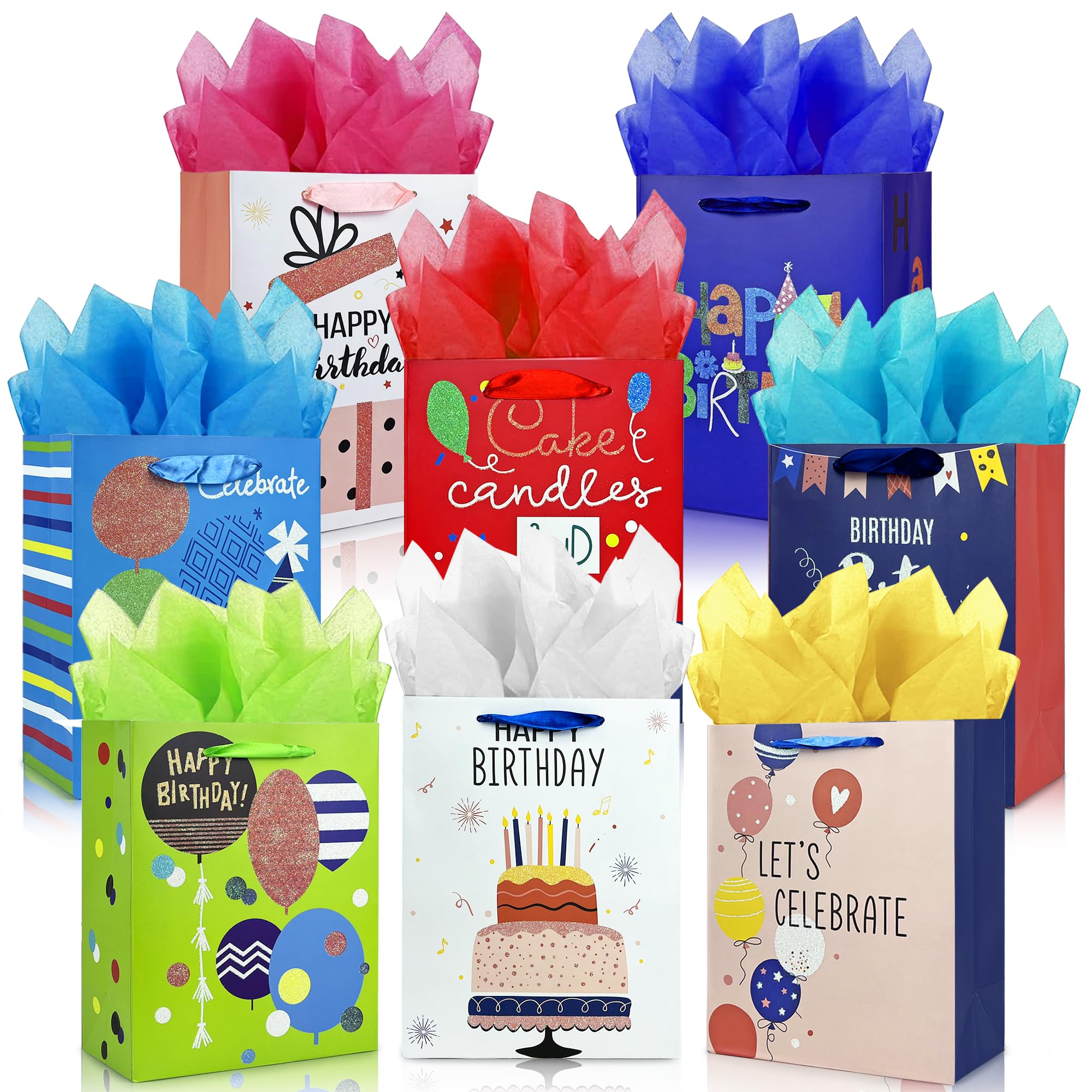 MUMULULU 8 Pack Birthday Gift Bags with Ribbon Handle and Tissue Paper Funny Glitter Happy birthday Gift Bags for Birthday Gift Wrapping Presents