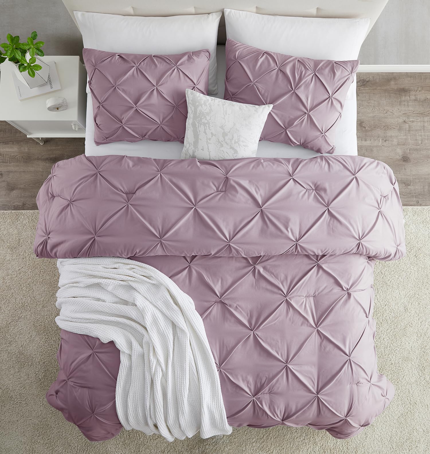 Clara Clark Dusty Purple Duvet Cover Queen Size - Pintuck Queen Duvet Cover Set, 3 Piece Double Brushed Duvet Covers with Button Closure, 1 Pinch Pleated Duvet Cover 90x90 inches and 2 Pillow Shams