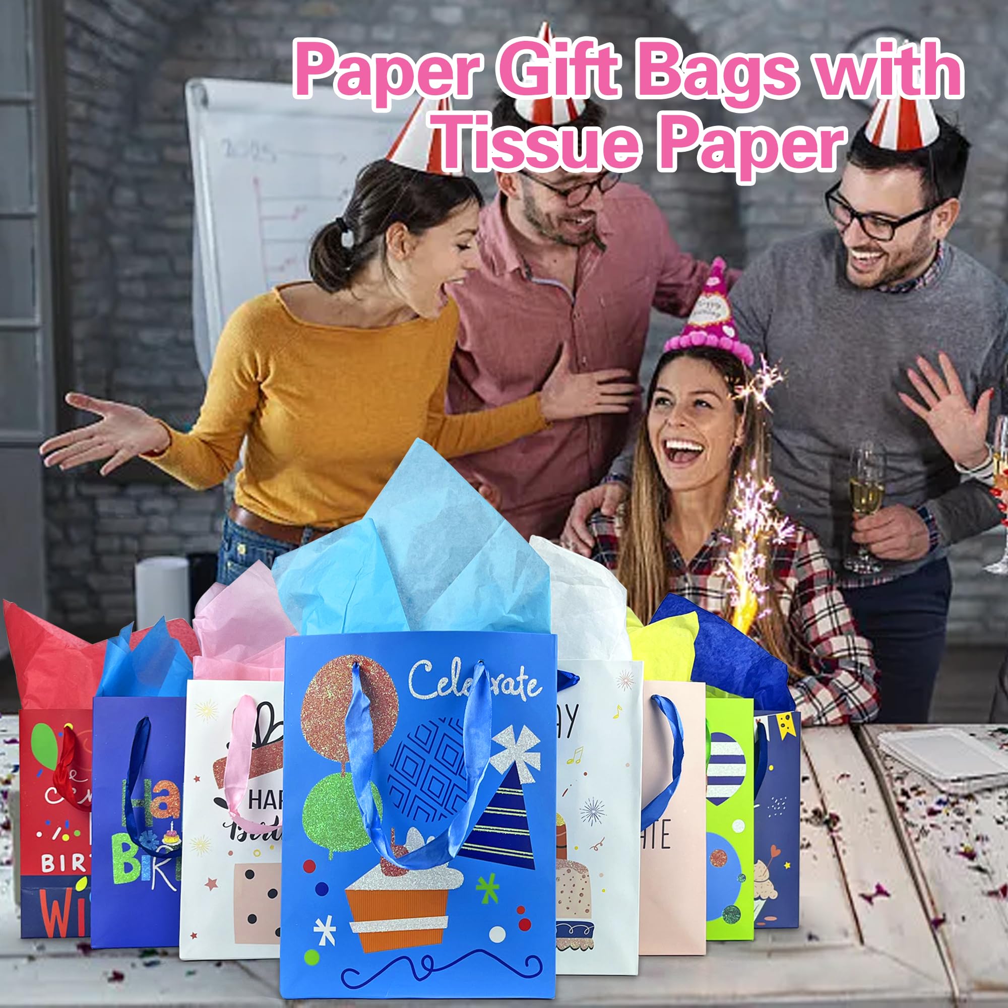 MUMULULU 8 Pack Birthday Gift Bags with Ribbon Handle and Tissue Paper Funny Glitter Happy birthday Gift Bags for Birthday Gift Wrapping Presents