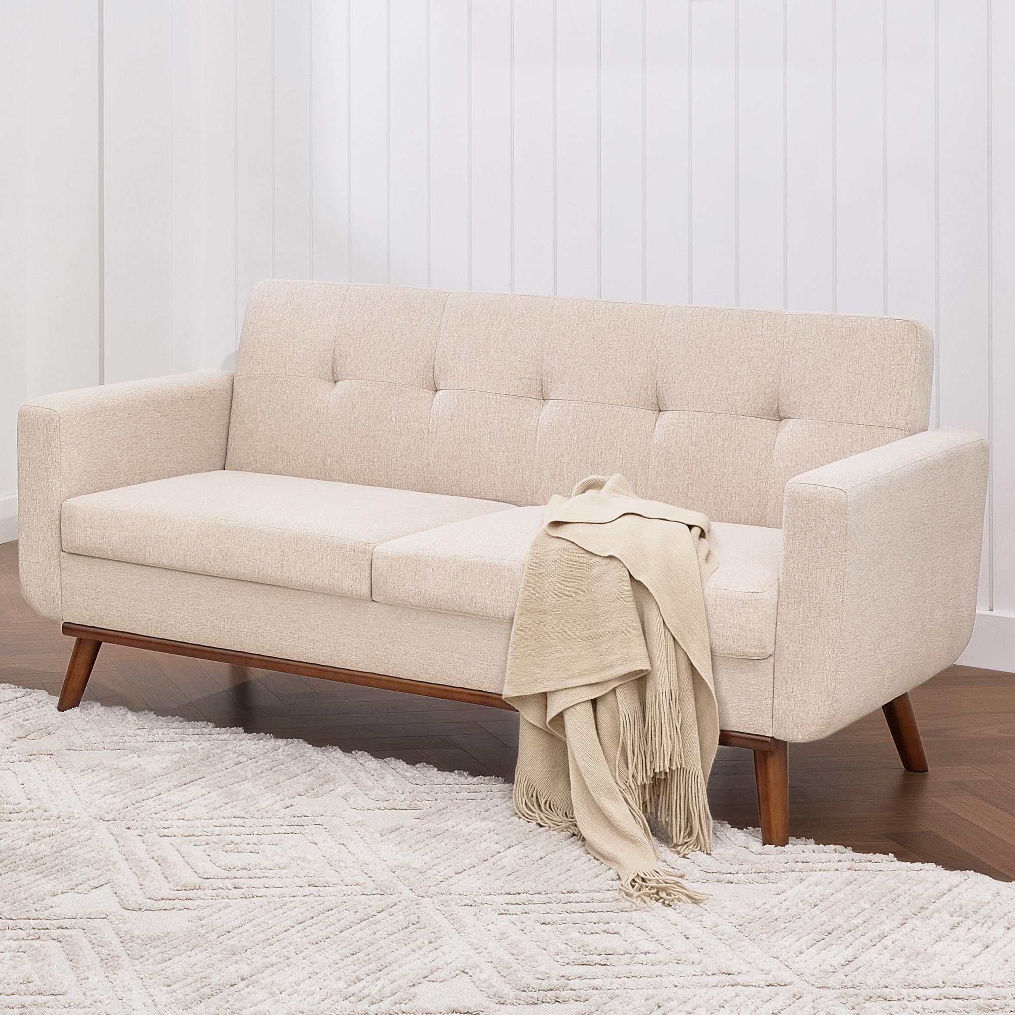 Tbfit Loveseat Sofa, 65" W Mid Century Modern Love Seat Couches for Living Room, Button Tufted Upholstered Small Sofa Couch for Bedroom, Oatmeal