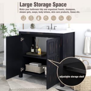 36 in Bathroom Vanity with Sink, 2 Doors and Adjustable Shelf, Wood Bathroom Sink Cabinet,Modern Freestanding Black Bathroom Vanities with Sink Combo