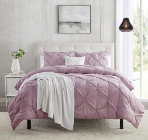 clara clark dusty purple duvet cover queen size - pintuck queen duvet cover set, 3 piece double brushed duvet covers with button closure, 1 pinch pleated duvet cover 90x90 inches and 2 pillow shams