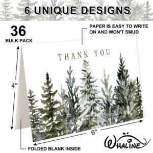 Whaline 36 Packs Christmas Thank You Cards Watercolor Xmas Pine Tree Greeting Cards Winter Forest Blank Note Cards with Envelopes and Stickers for Wedding Birthday Holiday, 4 x 6 Inch