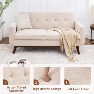 Tbfit Loveseat Sofa, 65" W Mid Century Modern Love Seat Couches for Living Room, Button Tufted Upholstered Small Sofa Couch for Bedroom, Oatmeal