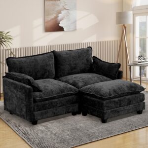 77.6" sectional sofa cloud couch with ottoman, comfy deep seat sofa l shaped couch modern chenille sofa sleeper 2-seat loveseat sectional sofa couch for living room apartment, black sofa couch