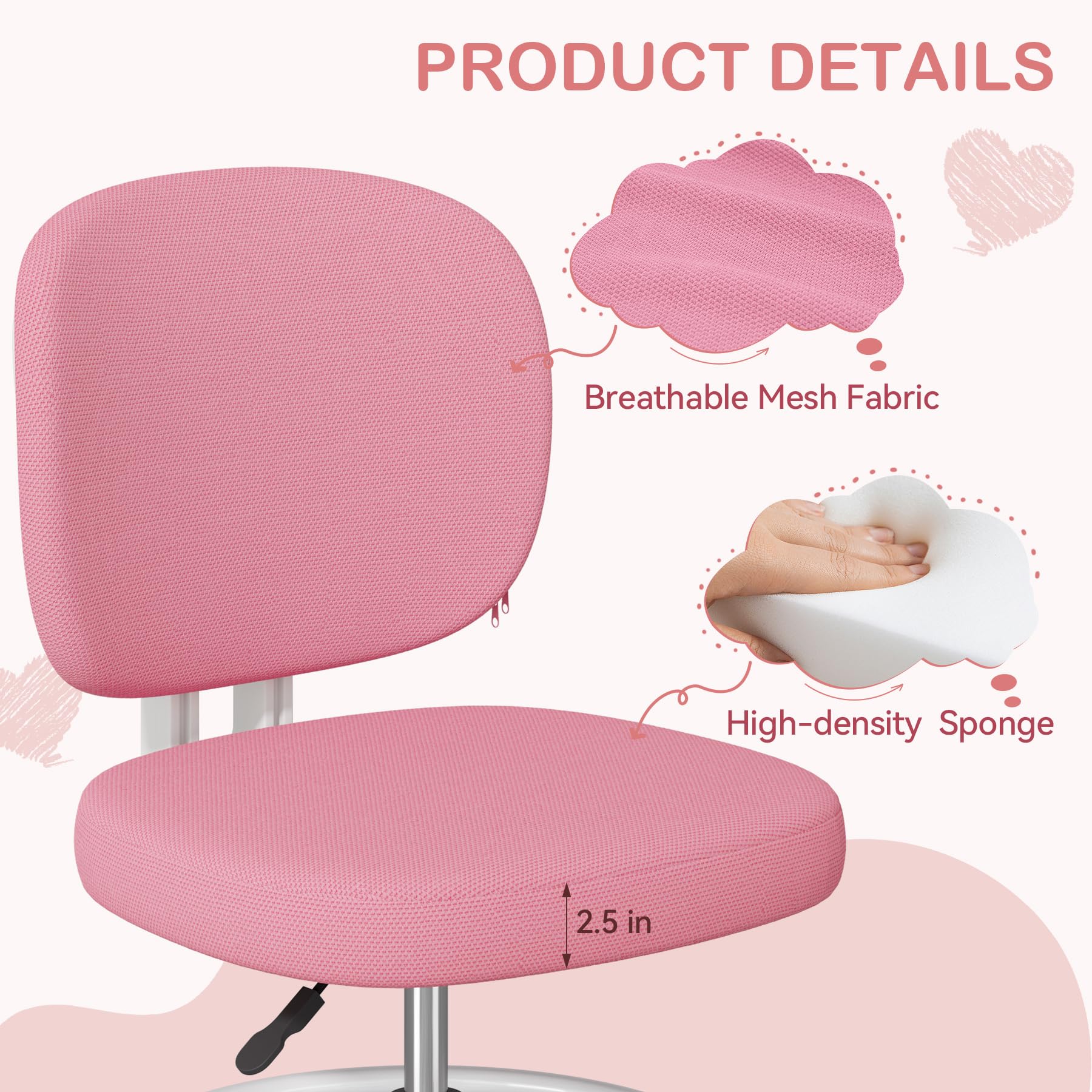 Nebuaegis Kids Desk Chair with Footrest, Swivel Height Adjustable Child Study Chair, Mesh Fabric Upholstered Office Chair with Wheels, Task Student Chair for Boy Girl in Bedroom Reading Room,Pink