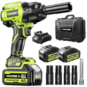 robustrue 1000n.m(740ft-lbs) cordless impact wrench, high torque brushless 1/2 impact gun, 2 x4.0ah battery 21v max, fast charger, 4 sockets, pistola de impacto for home car tires truck mover