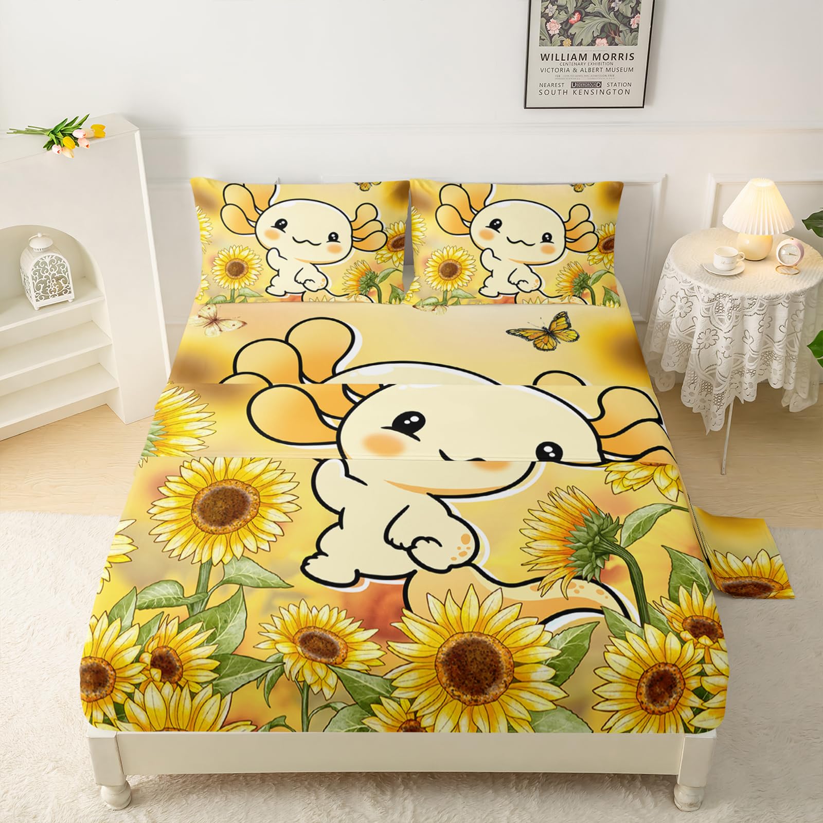 QOOMO Cartoon Axolotl Soft Microfiber Bed Sheets Sunflower Kids Sheets Set Kawaii Animal Super Soft Kids Bedding Set Breathable Room Decoration Queen Size 1 Fitted Sheet, 1 Flat Sheet, 2 Pillow Cases