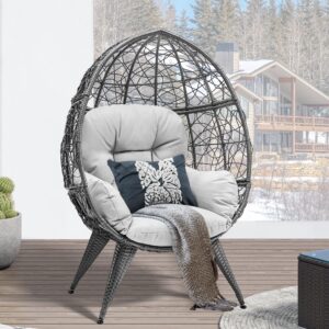 yitahome egg chair wicker outdoor indoor oversized large lounger with stand cushion leveling feet egg basket chair 330lbs capacity for patio, garden, backyard, balcony-grey