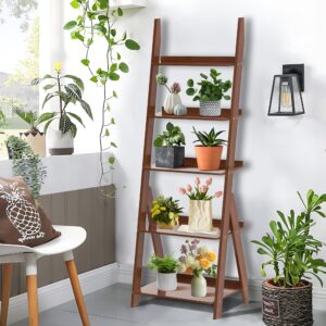 DOUSY-5-Tier Ladder Shelf Bookcase, Bamboo Ladder Bookshelf Leaning Bookshelf, Freestanding Storage Shelf Boho Bookshelf for Living Room, Home Office, Bedroom, Balcony, Walnut