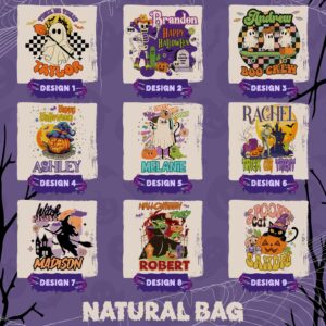 Personalized Halloween Canvas Tote Bags - Custom Name Trick or Treat Candy Totes with Pumpkin, Witch, Black Cat, Castle, Skeleton, Ghost, Reusable 15"X16" Gift Bag