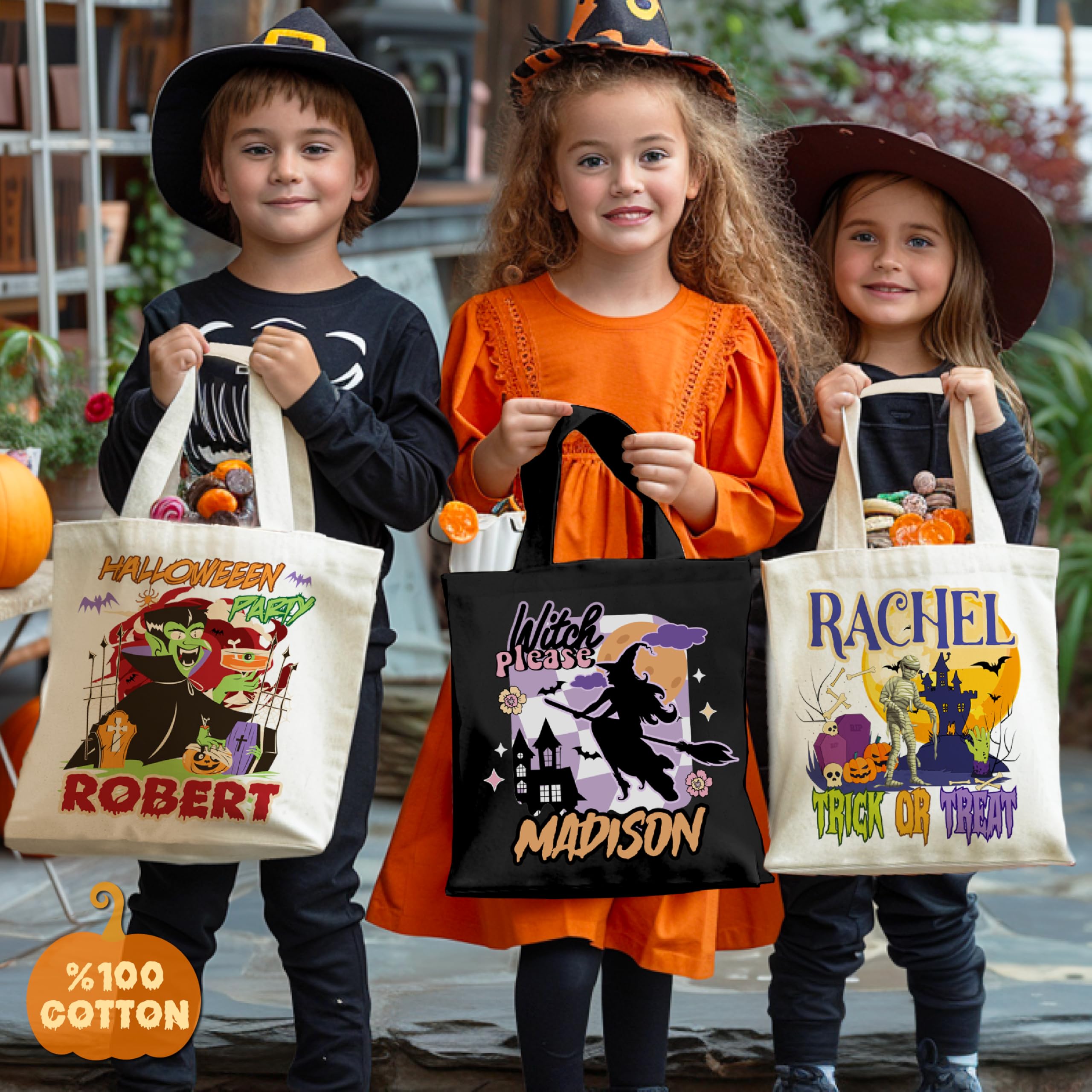 Personalized Halloween Canvas Tote Bags - Custom Name Trick or Treat Candy Totes with Pumpkin, Witch, Black Cat, Castle, Skeleton, Ghost, Reusable 15"X16" Gift Bag