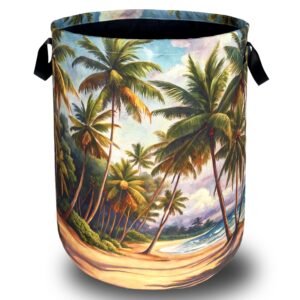 retro hawaii palm tree laundry basket summer beach foldable funny laundry hamper oxford cloth tote bag clothes storage bucket toy organizer 18.9"x16.5" for bathroom/laundry storage/bedroom