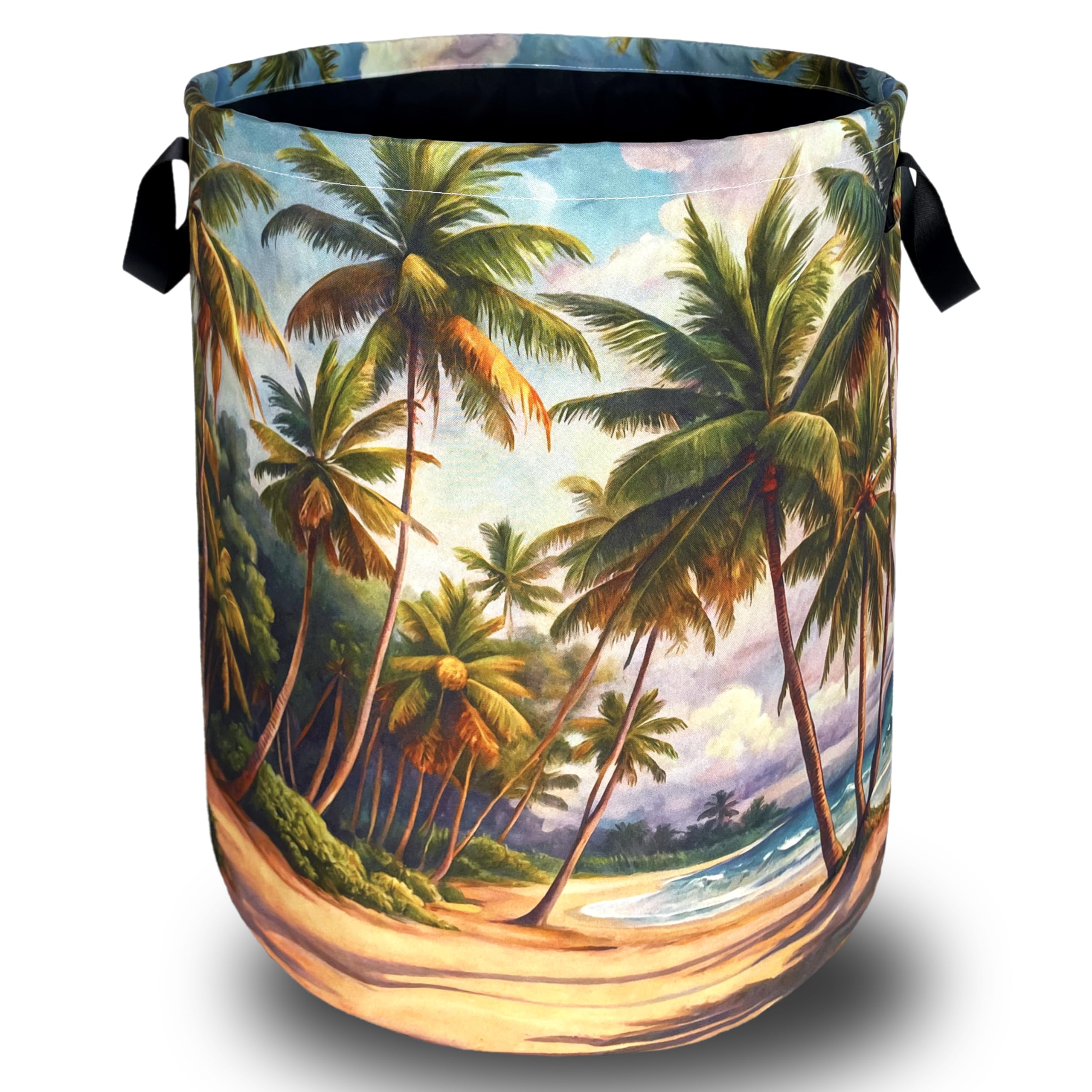 Retro Hawaii Palm Tree Laundry Basket Summer Beach Foldable Funny Laundry Hamper Oxford Cloth Tote Bag Clothes Storage Bucket Toy Organizer 18.9"x16.5" For Bathroom/Laundry Storage/Bedroom