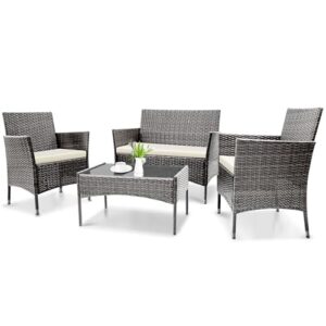 TINKLE WELL 4-Piece Brown Patio Furniture Set – Sectional Wicker Rattan Sofa with Thick Cushions and Table for Garden, Yard, or Porch