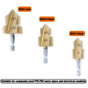 3Pack PPR Lifting Stepped Drill Bit Reamer Drill for Water Pipe Tube Repair Drill Connection Tool for 1/2" 3/4" 1inch Pipes 1/4 Hex Shank Quick Change