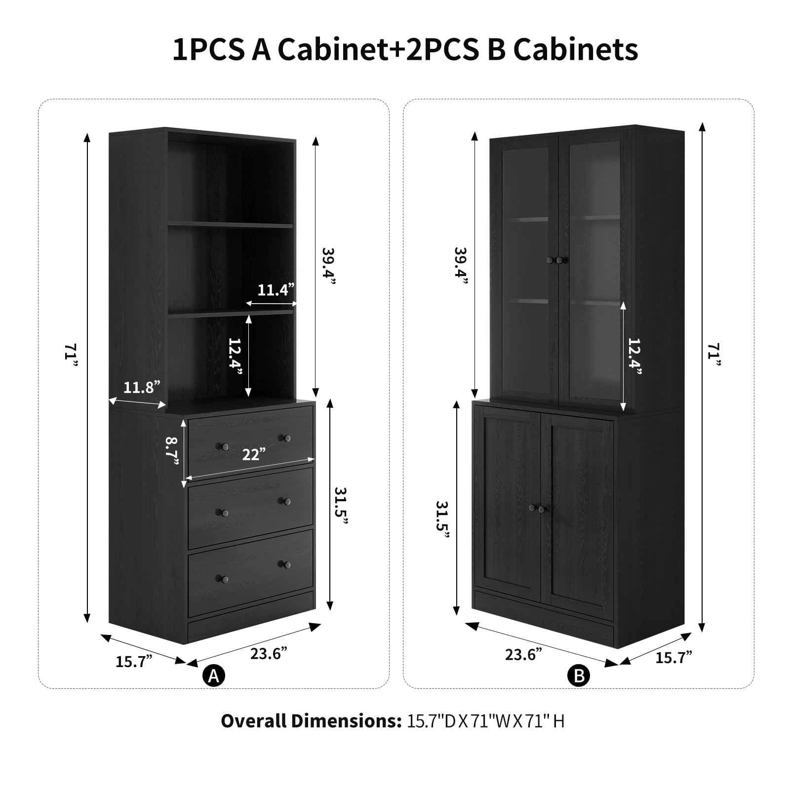 VOWNER Vertical File Cabinet, 3-Tier Modern Bookshelf with 3 Large Drawer, Wood Filing Cabinet with Open Storage Shelf, Glass Doors and Fixed Storage Shelves for Home Office, Black