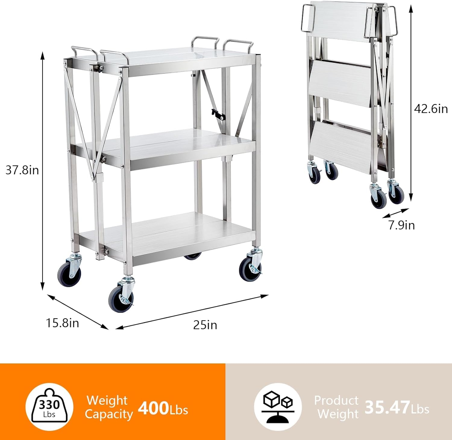 Agrestem 3-Tier Foldable Service Carts with Wheels, Rolling Cart Utility Cart Foldable Cart, 330 lbs Load Capacity, Heavy Duty Professional Utility Cart for Home, Commercial, Garage, Office