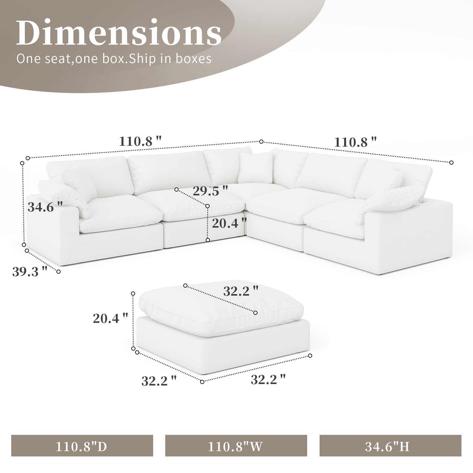 Gtilzria Oversized Modular Sectional Sofa Couch,White Linen Fabric Reversible V Shaped Sofa Couches Cloud Couch with Ottoman, Down Filled Sectional Sofa Corner Couches for Living Room,Apartment