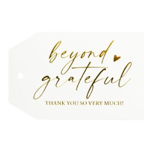 g2plus thank you gift tags, beyond grateful tags, 50pcs thank you so very much tags, gold foil thank you tags with string for wedding, baby shower, birthday, fall holiday party favors (3''x2'')