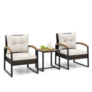 tangkula 3 piece patio conversation set, includes 2 rattan chairs and coffee table, solid acacia wood armrests & tabletop, outdoor cushioned wicker furniture set for backyard, poolside, lawn, garden