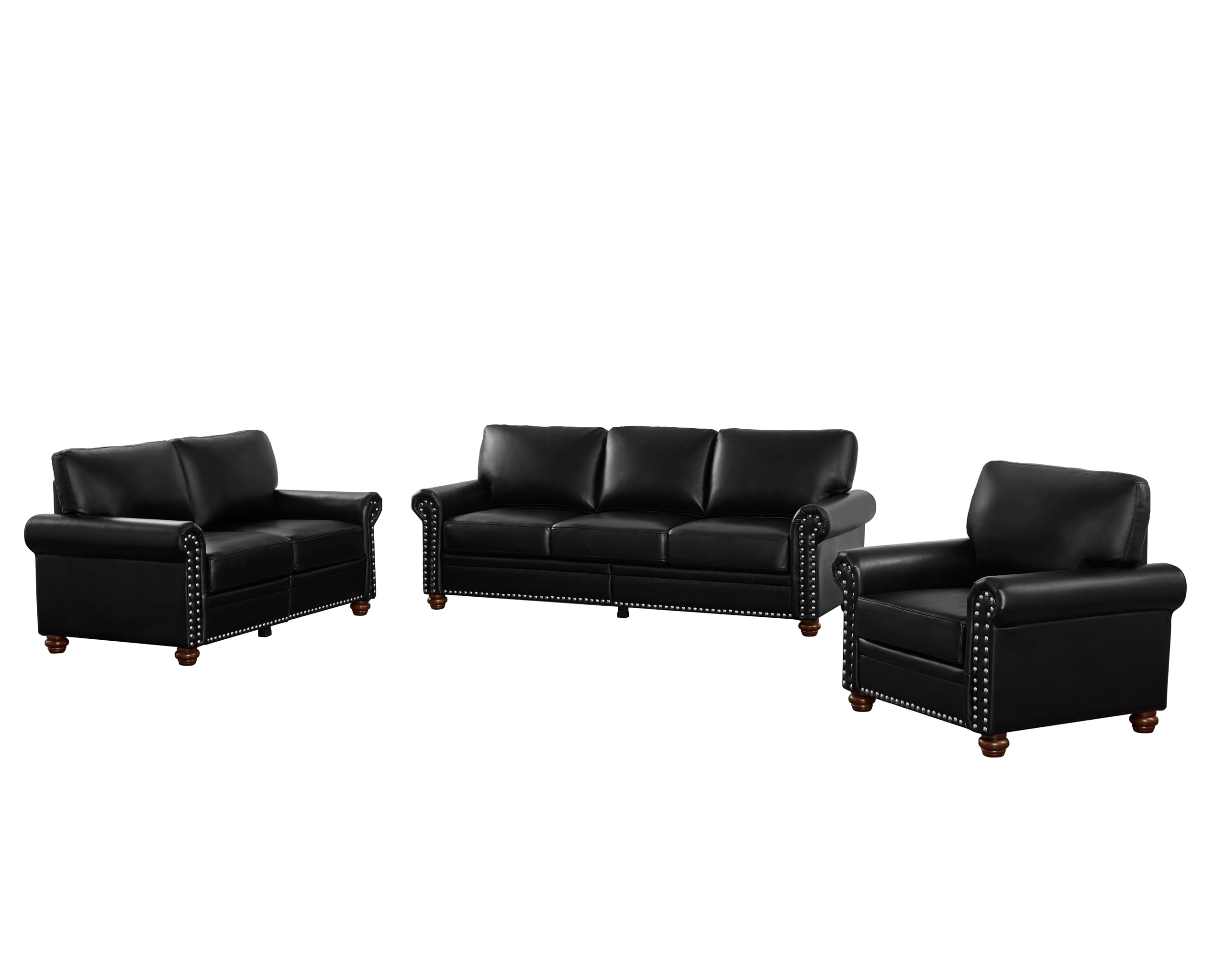 Moxoq Mid-Century Modern Faux Leather Living Room Sofa Set with Rivet Trim, Solid Wood Frame and Legs - Single, Double, Triple, 2+3 Seater, 1+2+3 Seater, 4 Color Options (Black, Single Sofa)