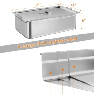 Full Size Steam Table Pans with Handle & Lid, 6-Pack 6 Inch Deep Restaurant Steam Table Pans Commercial, Anti-Jamming Hotel Pan Stainless Steel