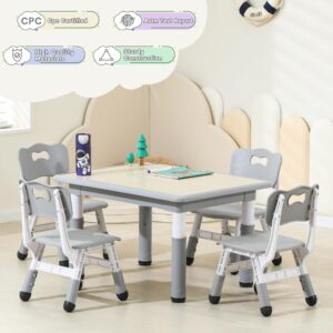 Kids Table and Chairs, Height-Adjustable Toddler Table and Chair Set with 31.5''Lx23.6''W Graffiti Desktop, Table Chair for Ages 3-8, Childrens Table and Chair Set for Daycare with 4 Chairs, Grey