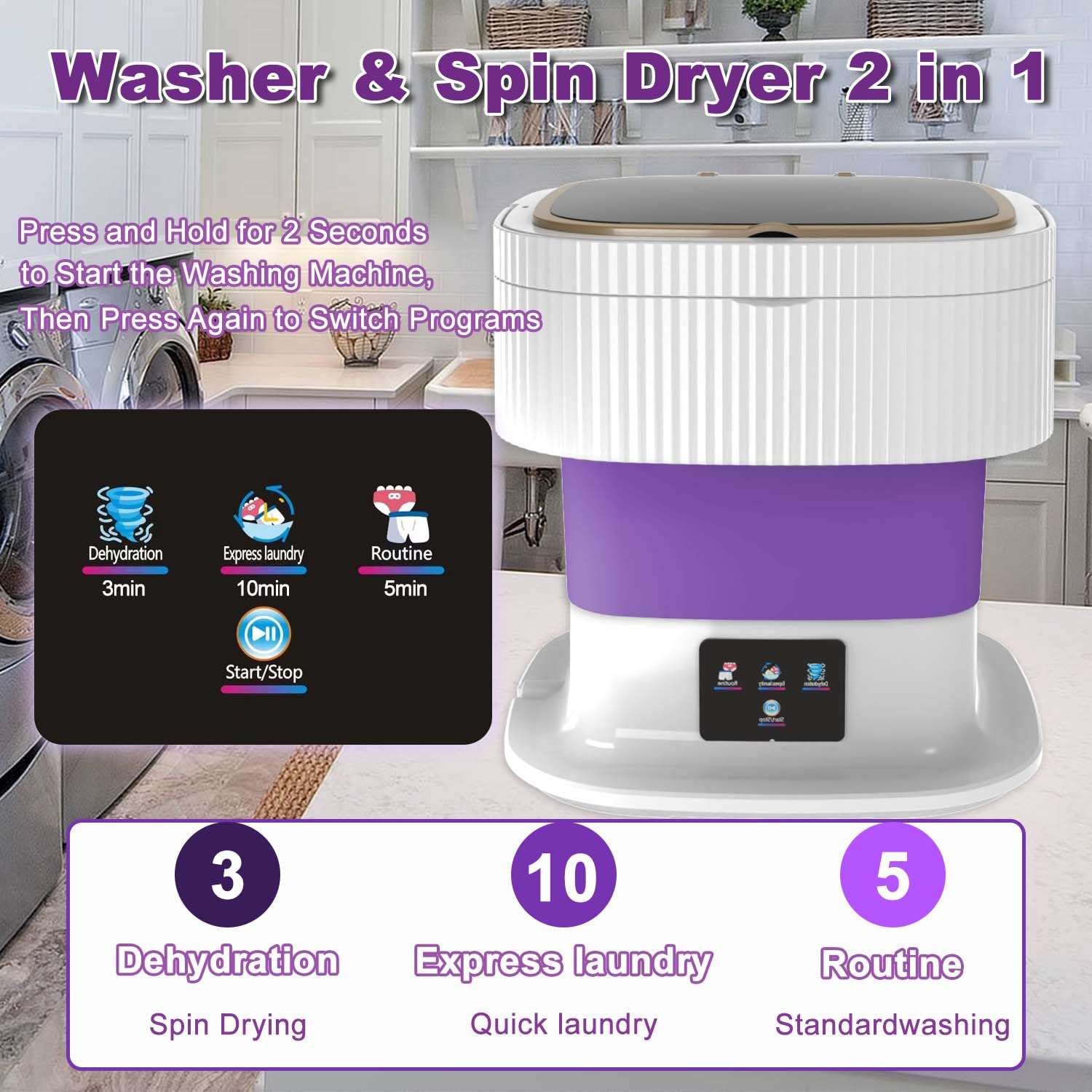 Mini Washing Machine, Portable Foldable Washer, 11L Large Capacity Upgrade Model, Small Collapsible Compact Laundry Washer and spin dryer, Apartment, Dorm, Rv, Socks, Underwear, Baby Clothes (Purple)