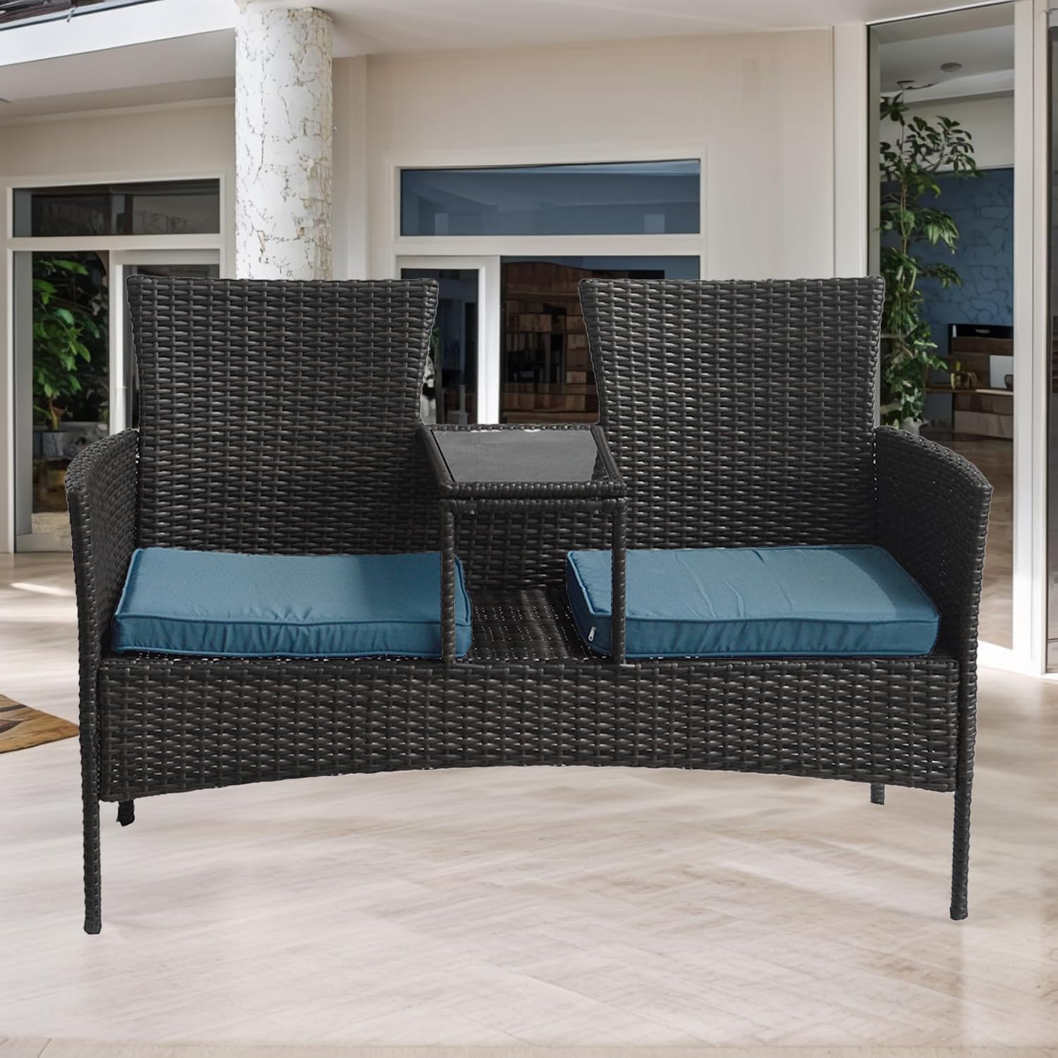 TINKLE WELL Wicker Outdoor Loveseat Modern Rattan 2-Seat Patio Conversation Set with Cushions & Built-in Coffee Table Porch Furniture for Garden Lawn Backyard, Dark Brown