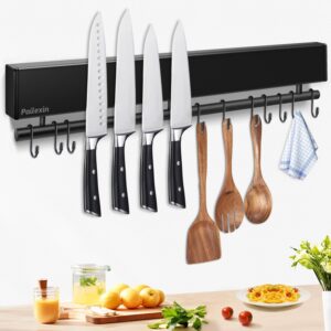 pailexin 17 inch magnetic knife holder with 10 hooks, no drilling black knife magnetic strip and utensil hanger for wall, powerful knife magnet rack include tape and screws