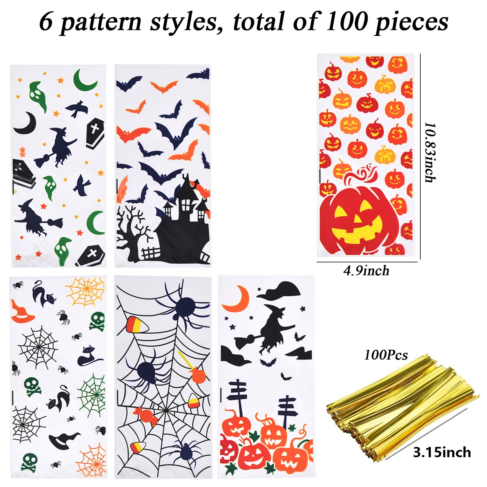 Lodeihoo Halloween Candy Bags Treats Bags, 100 PCS Halloween Plastic Clear Candy Bags 6 Styles with 100 PCS Twists for Snacks Candy Cookies Packing Halloween Party Favors