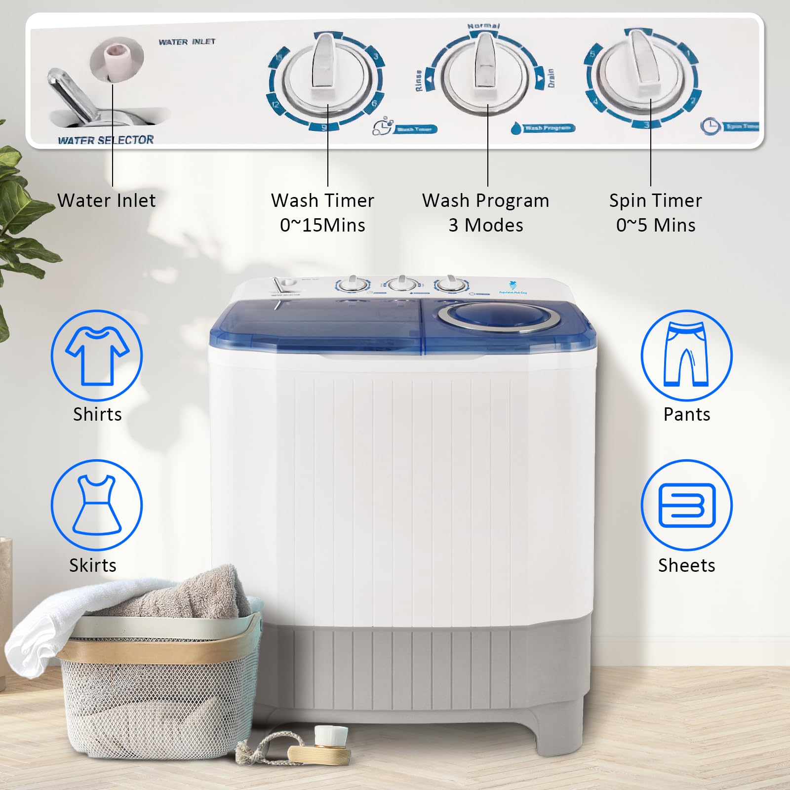 JANREAY XPB60-9SVA-D Portable Washing Machine 20lbs Twin Tub Washer(13lbs) & Spinner(7lbs), Compact Laundry for RV, Apartments and Dorms White