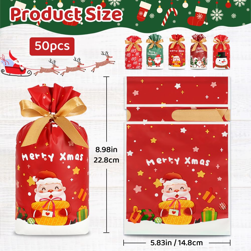 Shintop Christmas Treat Bags Drawstring, 50PCS Plastic Holiday Goodie Bags 5.8x9inch Reusable Gift Pouches for Party Favors Sweets Cookies