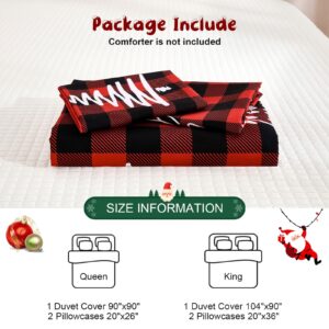 Dobuyly Christmas Duvet Cover Queen Size, Red Plaid Christmas Tree Printed Duvet Cover Set, Soft Microfiber Buffalo Check Christmas Bedding Set 3 Piece