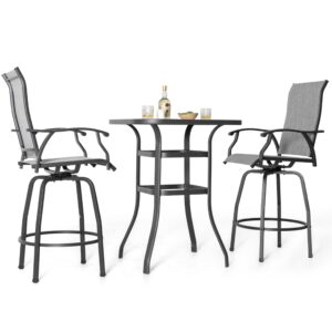 nuu garden 3 piece outdoor patio bar set, patio bar furniture set, outdoor tempered glass square bar table and textilene swivel high backrest bar stools for patio, garden, backyard, gray and black