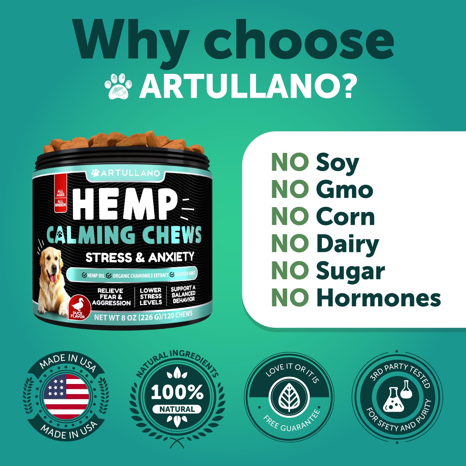 Artullano Hemp Calming Chews for Dogs - Advanced Dog Calming Chews - Anxiety Relief Treats - Dog Anxiety Relief - Health and Wellness Supplements for Dogs - Hip and Joint Support - 120 Chews