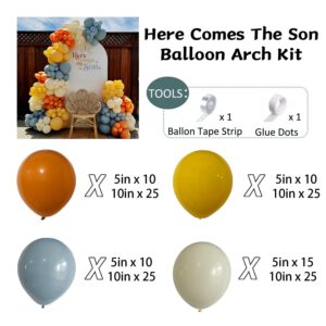 Here Comes the Son Balloon Arch Garland Kit 147Pcs Boho Retro Dusty Blue Burnt Orange Mustard Yellow Balloons for Baby Boy Shower First Trip Around the Sun Sunshine Theme Birthday Party Decorations