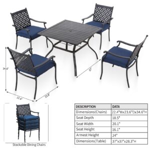 PatioFestival Patio Dining Set 5Pcs Heavy Duty Metal Outdoor Furniture Sets Square Table with 4 Stackable Chairs Blue Cushion