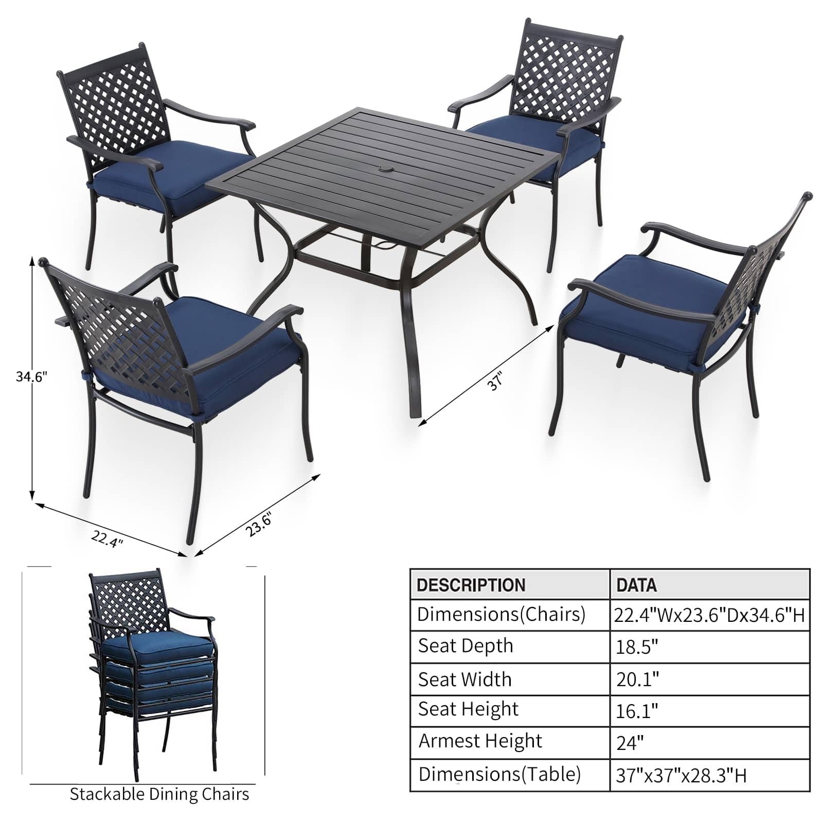 PatioFestival Patio Dining Set 5Pcs Heavy Duty Metal Outdoor Furniture Sets Square Table with 4 Stackable Chairs Blue Cushion