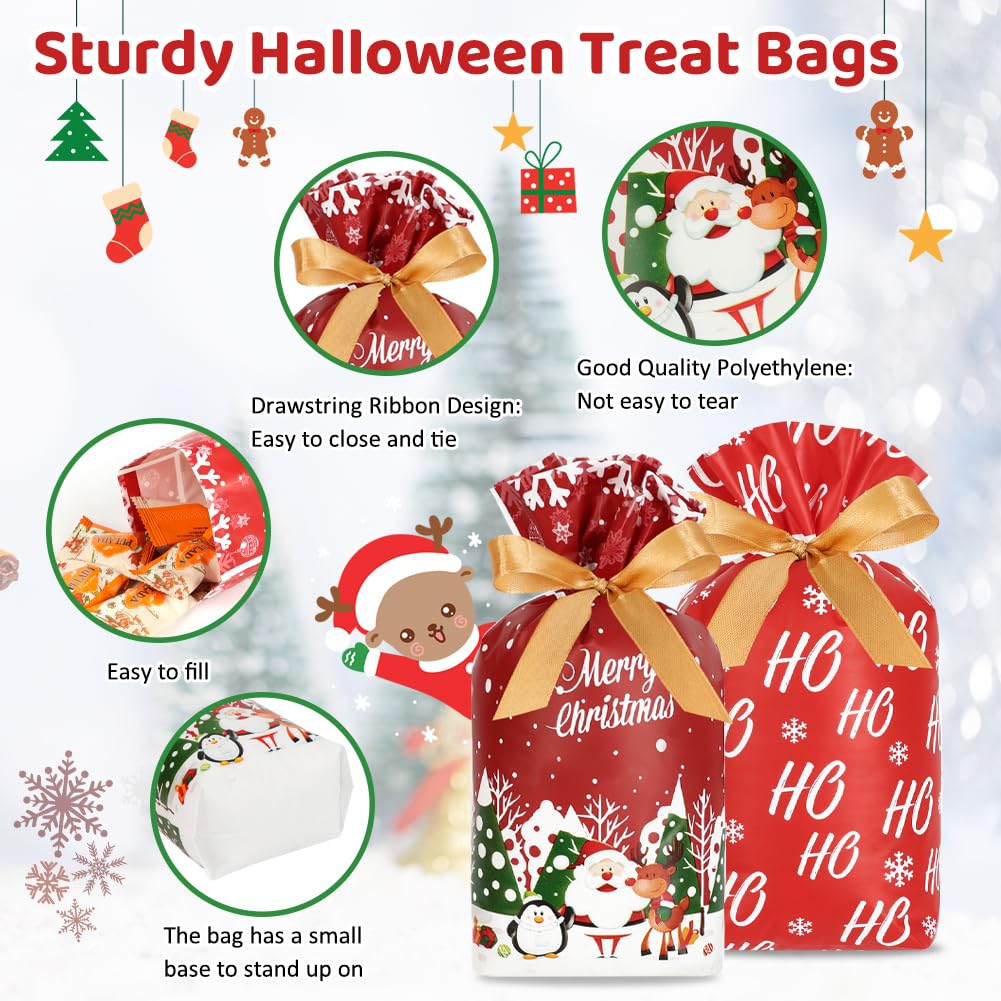 Shintop Christmas Treat Bags Drawstring, 50PCS Plastic Holiday Goodie Bags 5.8x9inch Reusable Gift Pouches for Party Favors Sweets Cookies