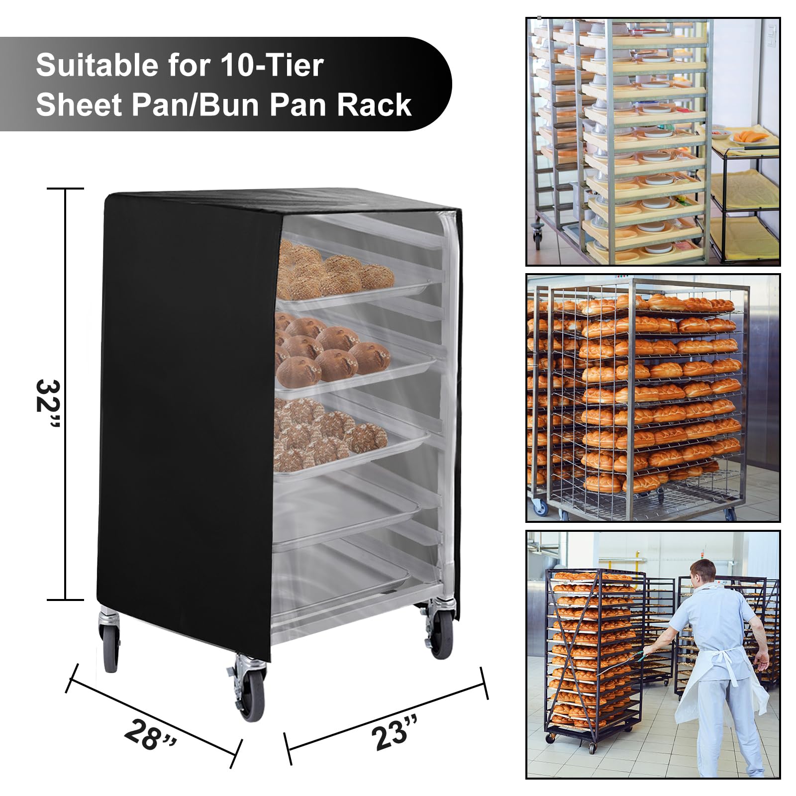 Bread Rack Cover with Zipper, 10tier Sheet Pan Rack/Bun Pan Rack Cover with Vents ，23"X28"X32" Bakery Single Rack Covers Waterproof and Dustproof，Black