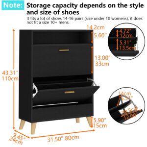 Shoe Storage Cabinet for Entryway, Free Standing Shoe Organizer with 2 Flip Drawers, Slim Narrow Hidden Shoe Rack Cabinet with Open Shelf, Shoe Cabinet for Hallway, Living Room (Black)