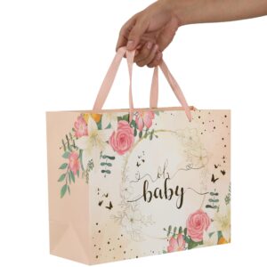 13" Large Light Orange Gift Bag Set with Greeting Card and Tissue Paper (Gold Foil ‘Oh Baby’) for Baby Shower, Baby Girl or Boy, Girls' Birthday Party, Women's Birthday Parties - 13”x5.2”x10.2”, 1 Pcs.