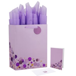 13" large purple gift bag set with greeting card and tissue paper (purple foil dots) for celebrating birthdays, baby shower, weddings, anniversary, valentine's day, mother's day - 10.2”x5.2”x13”, 1 pcs.