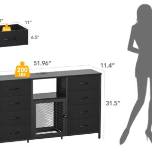 Decofy Dresser for Bedroom with LED Lights and Power Outlets, 8 Drawers TV Stand Dresser for 65 Inch TV, Fabric Chest of Drawers with Open Shelves, Black Dressers for Bedroom, Closet