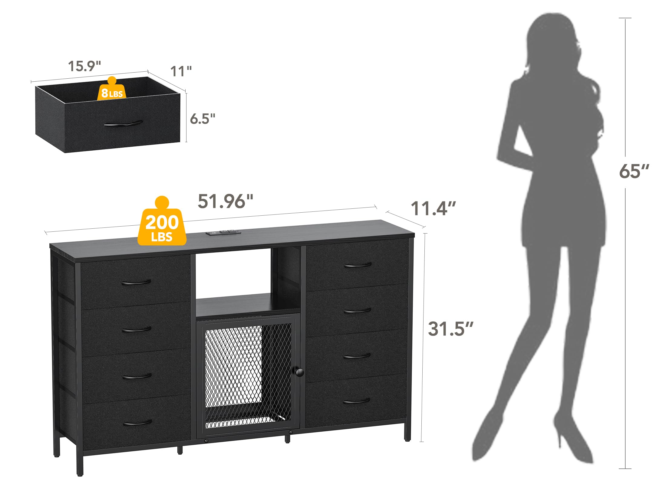 Decofy Dresser for Bedroom with LED Lights and Power Outlets, 8 Drawers TV Stand Dresser for 65 Inch TV, Fabric Chest of Drawers with Open Shelves, Black Dressers for Bedroom, Closet