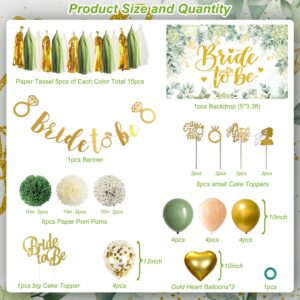 syuebt Bridal Shower Decorations Sage Green, Bachelorette Party Decorations Kit ,Bride to Be Backdrop,Tassel,Balloons, Pompoms,Cake Topper for Bride to Be Wedding Bachelorette Party Decor Supplies