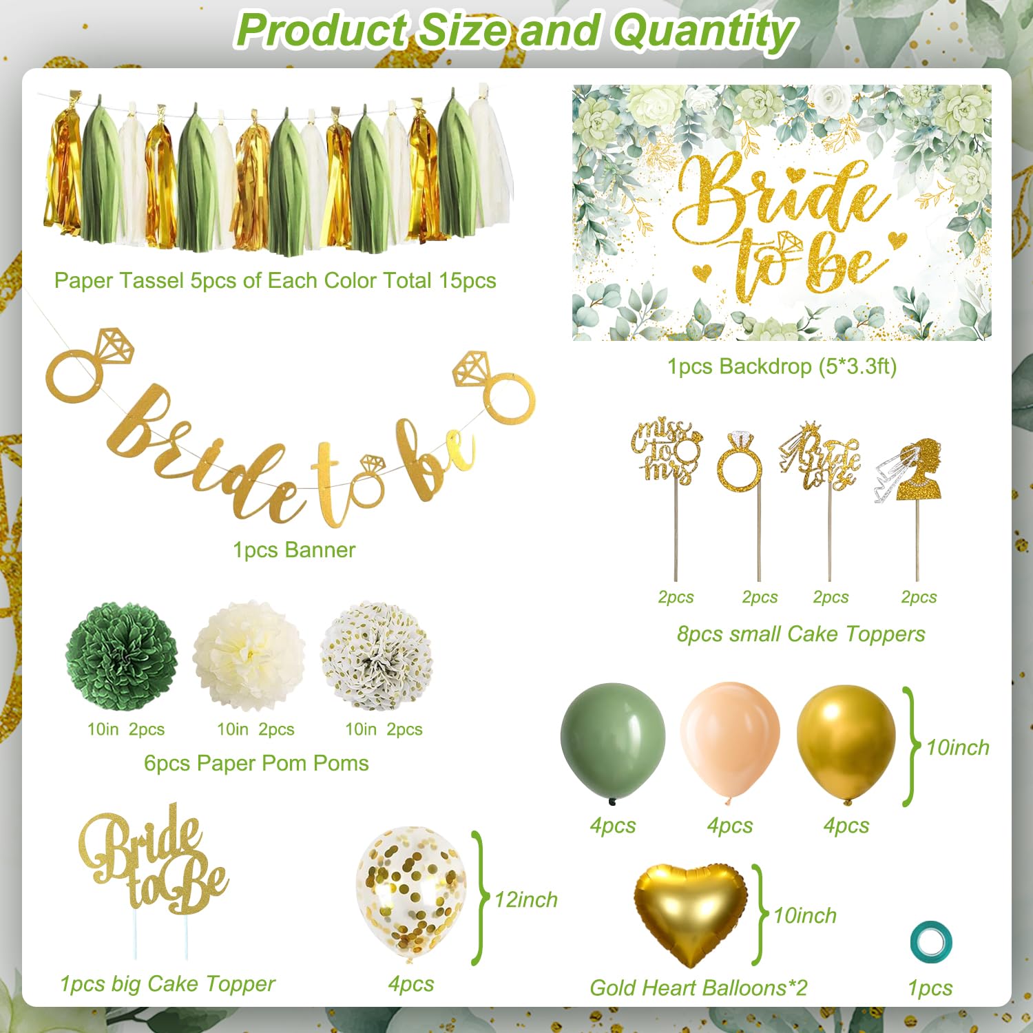 syuebt Bridal Shower Decorations Sage Green, Bachelorette Party Decorations Kit ,Bride to Be Backdrop,Tassel,Balloons, Pompoms,Cake Topper for Bride to Be Wedding Bachelorette Party Decor Supplies